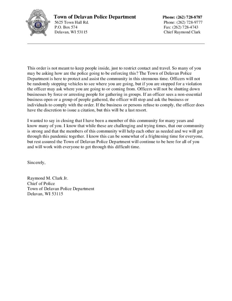 Message from Chief of Police - Town of Delavan